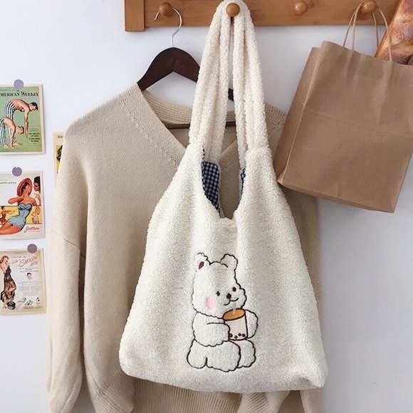 Bags | Bear Tote Bag Plush Soft Fuzzy Boba Bubble Tea Cartoon ...